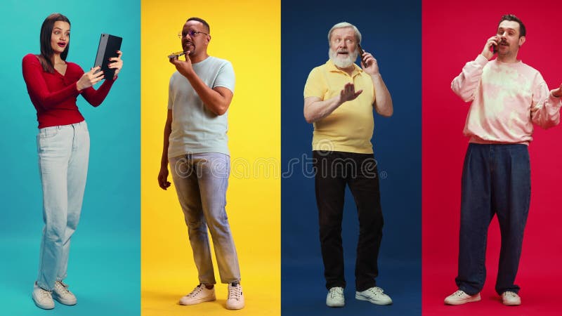 Collage Made of Men and Women of Different Age Using Various Gadgets ...