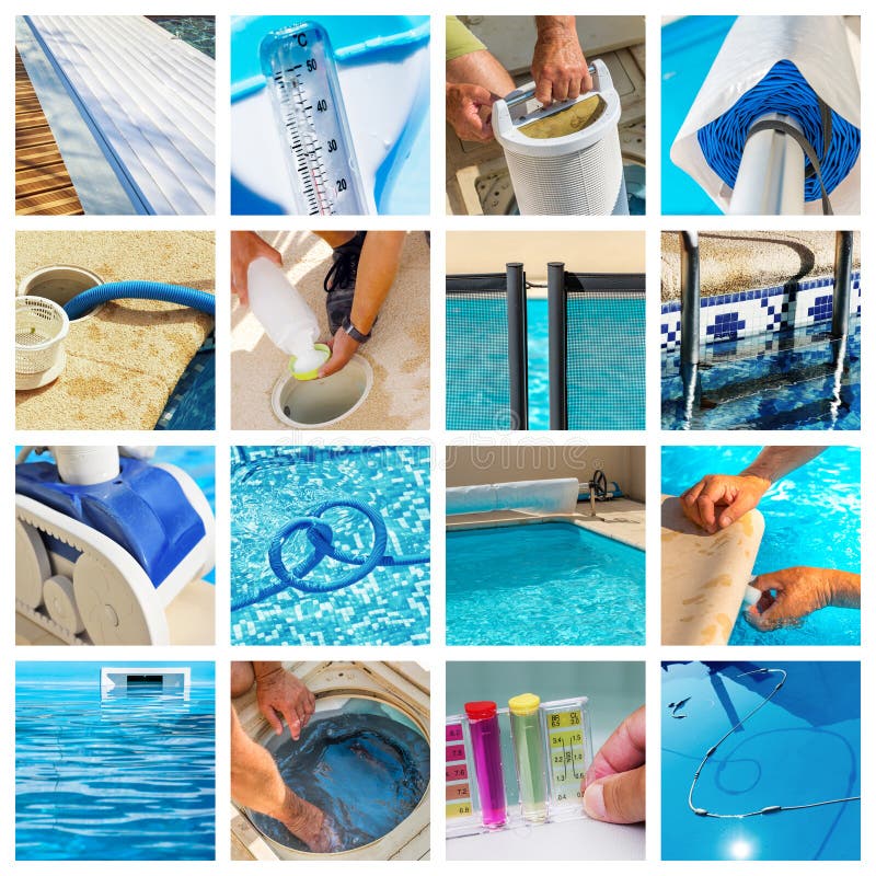 Collage Maintenance of a Private Pool Stock Image - Image of heat, aqua ...