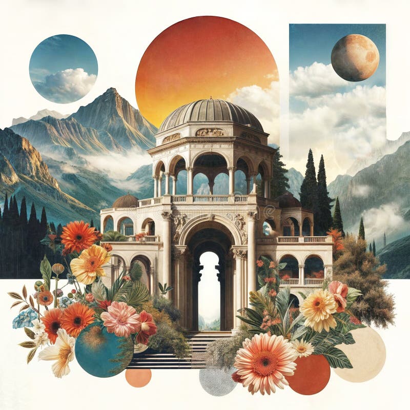 Collage. Majestic Classical Architecture in the Middle of a Mountain ...