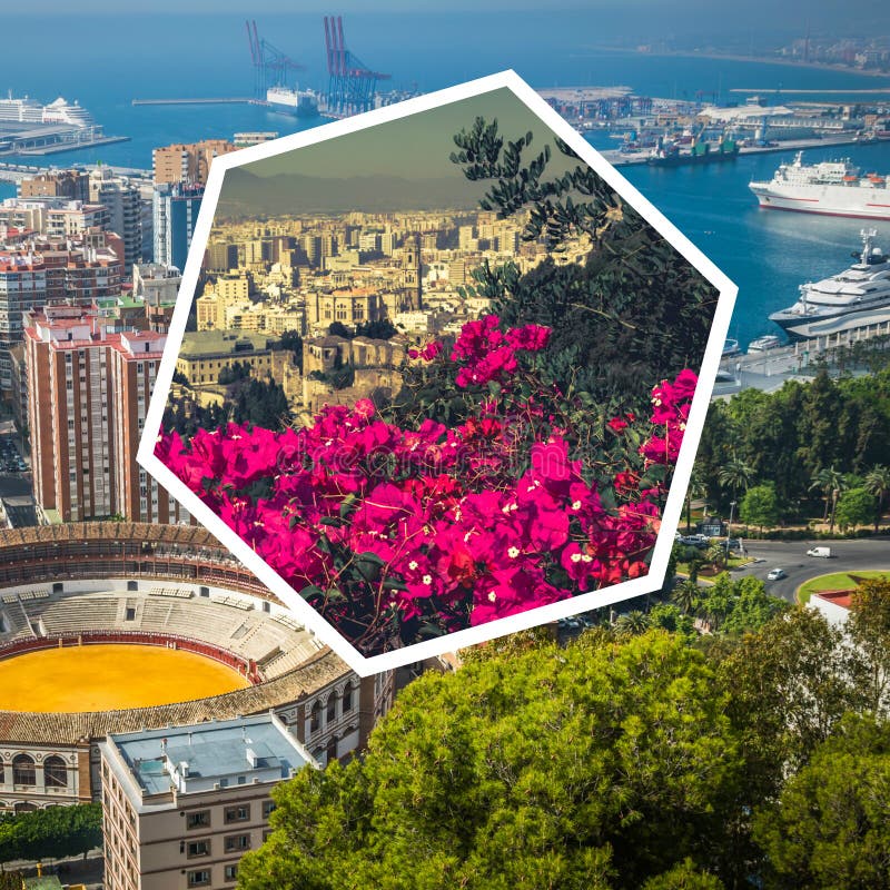 Collage of of Malaga with Bullring and Harbor. Spain Stock Image ...