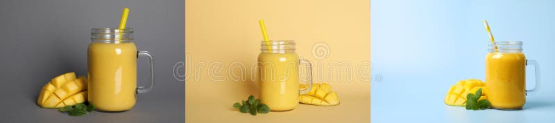 Collage with Mango Smoothie on Different Color Backgrounds. Banner ...