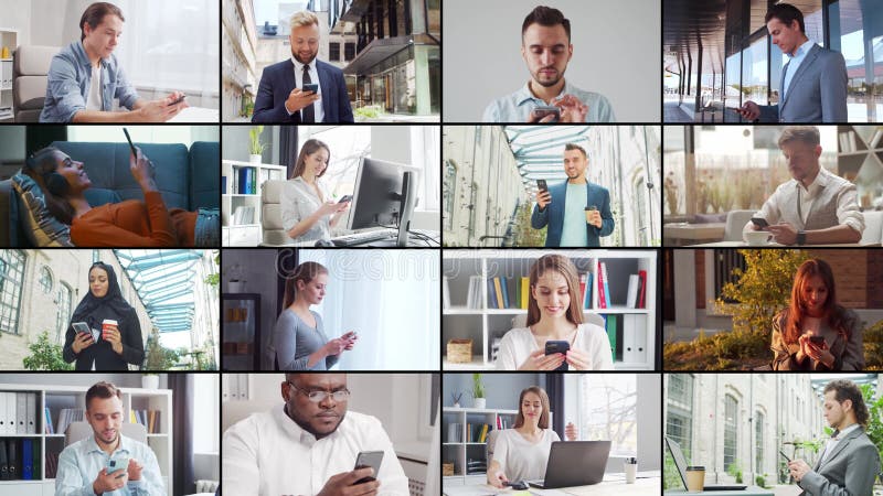 Collage with Many Different People Using Smartphone Devices. Set ...