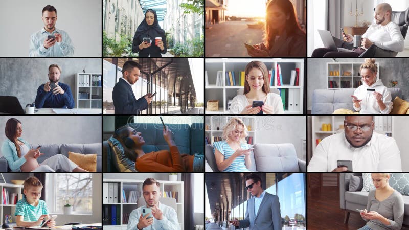 Collage with Many Different People Using Smartphone Devices. Set ...