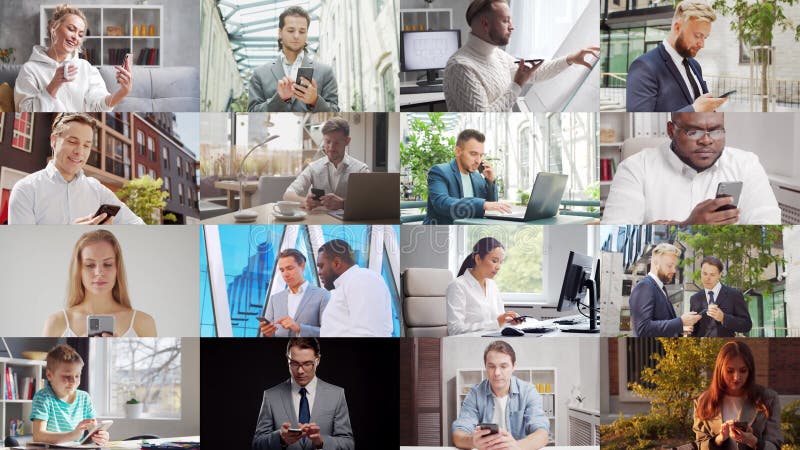 Collage with Many Different People Using Smartphone Devices. Set ...
