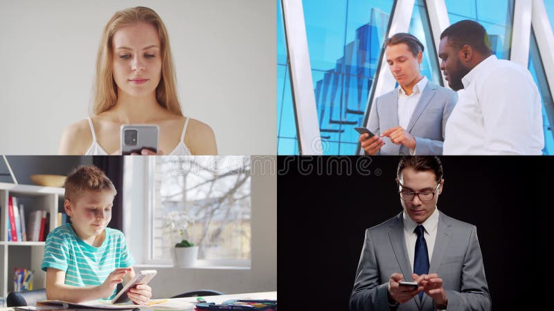 Collage with Many Different People Using Smartphone Devices. Set ...