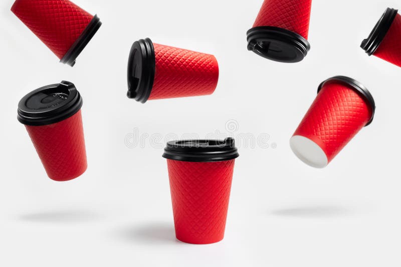 Collage of Many Paper Cups for Coffee Takeaway of Red Color with ...