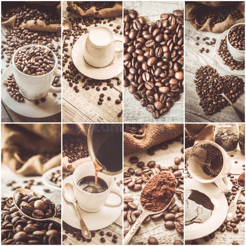 Collage Many Pictures of Coffee. Stock Image - Image of ground ...