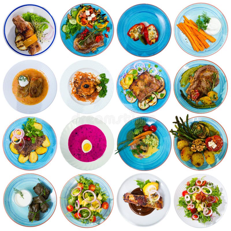 Collage of Meals on Round Plates Stock Photo - Image of meaty ...