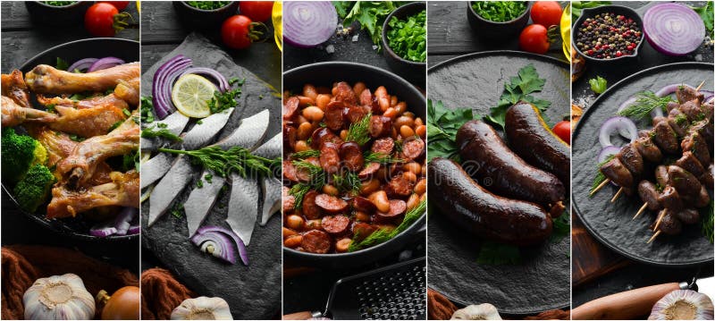 Collage. Meat, Chicken and Fish Dishes Set. Stock Photo - Image of ...