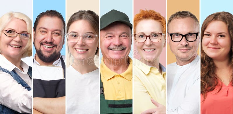 Collage of Men and Women of Different Age and Profession Looking at ...