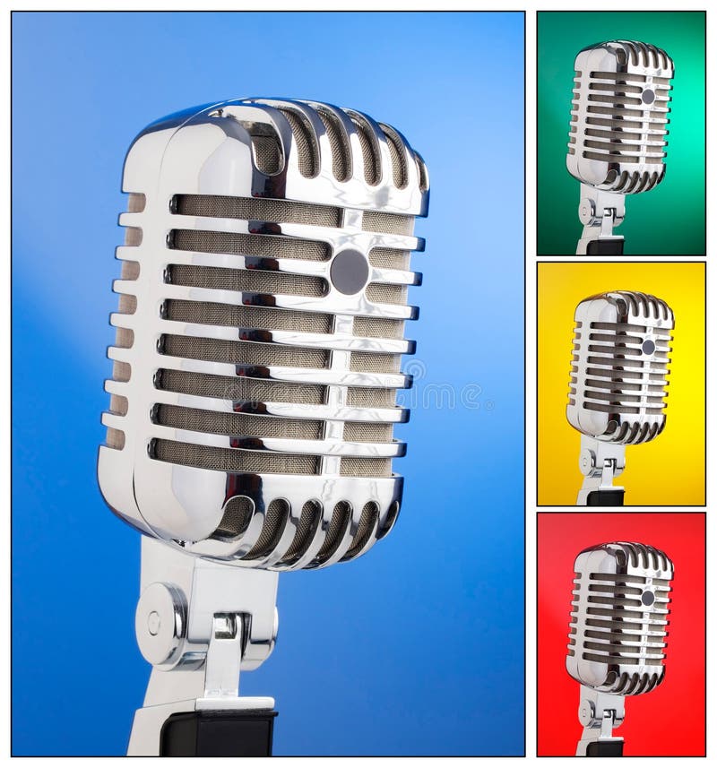 Collage of Microphones on Different Colored Backgrounds Stock Image ...