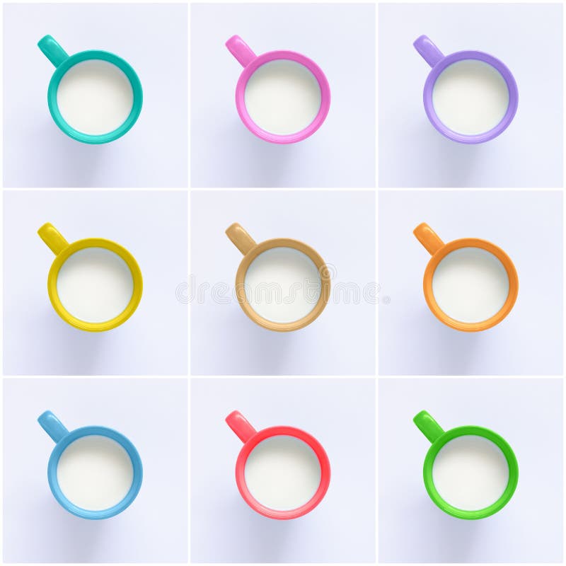 Collage of Milk in Colorful Mugs Stock Image - Image of nutrient, drink ...