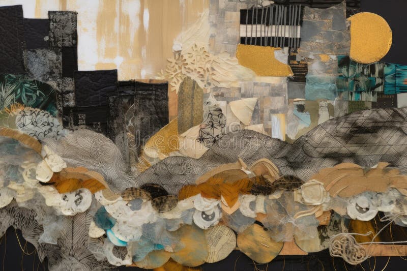 Collage and Mixed Media Piece Featuring Varying Textures and Materials ...