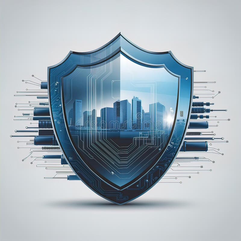 Collage with Modern Design of Electronic Shield Symbolizing the Concept ...