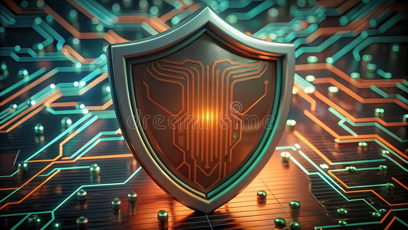 Collage with Modern Design of Electronic Shield Symbolizing the Concept ...