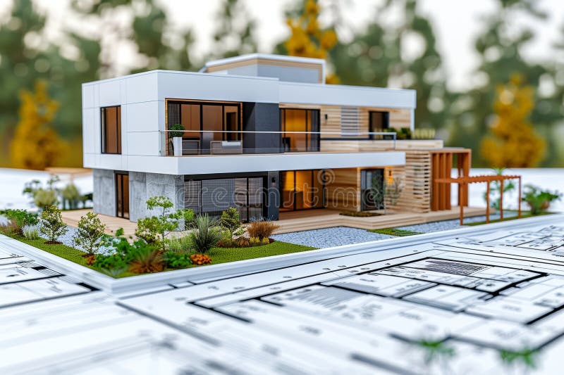 Collage of Modern House Construction Blueprints with Sketches in a Blue ...