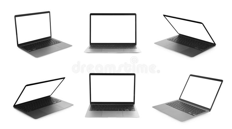 Collage with Modern Laptop Isolated on White, Different Sides Stock ...