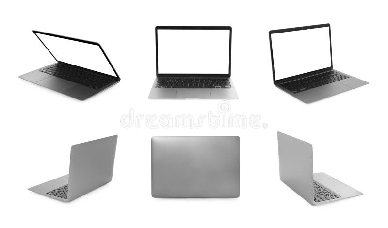 Collage with Modern Laptop Isolated on White, Different Sides Stock ...