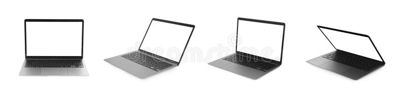 Collage with Modern Laptop Isolated on White, Different Sides Stock ...