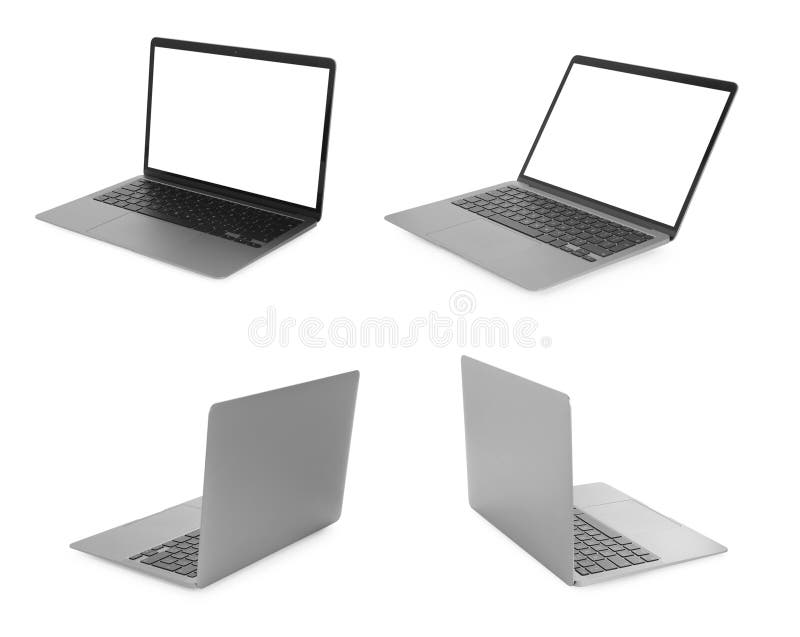 Collage with Modern Laptop Isolated on White, Different Sides Stock ...