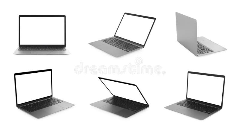 Collage with Modern Laptop Isolated on White, Different Sides Stock ...