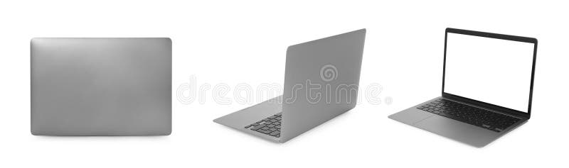 Collage with Modern Laptop Isolated on White, Different Sides Stock ...