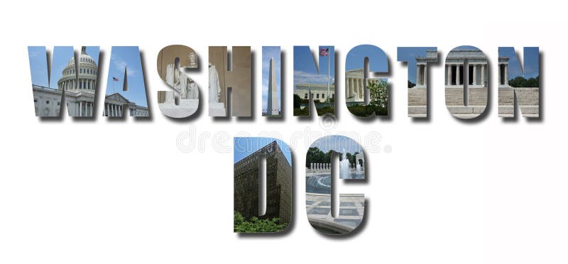 Collage of Monuments and Landmarks of Washington DC, Text with Shadow ...