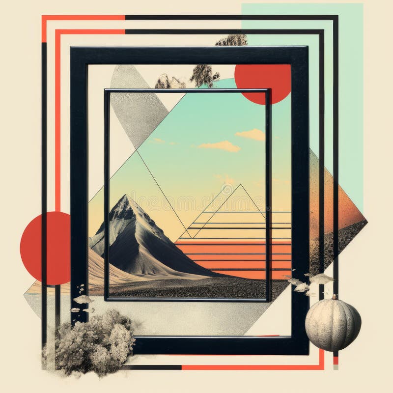 A Collage of a Mountain Sun and an Orange Sky Stock Illustration ...