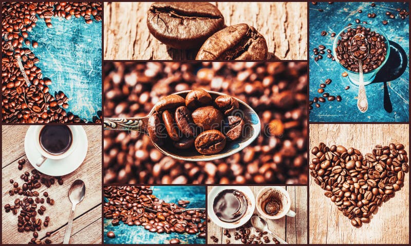 Collage Muchas Imágenes Del Café Imagen de archivo - Imagen de fondo ...