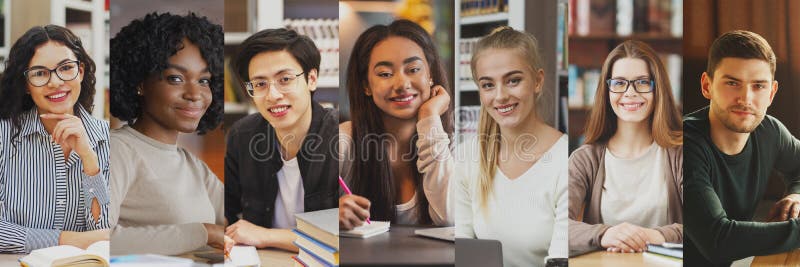 Collage of Multicultural Students Portraits in Libraries, Panorama ...