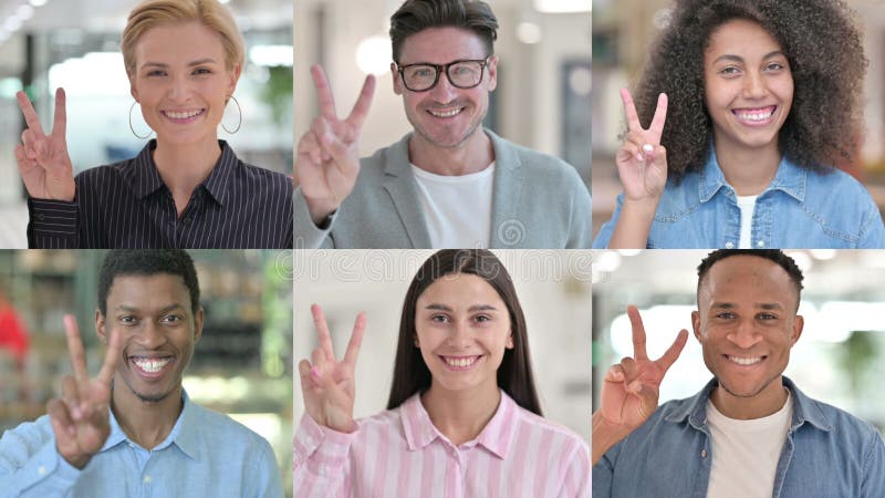 Collage of Multiple Race People Showing Victory Sign Stock Video ...