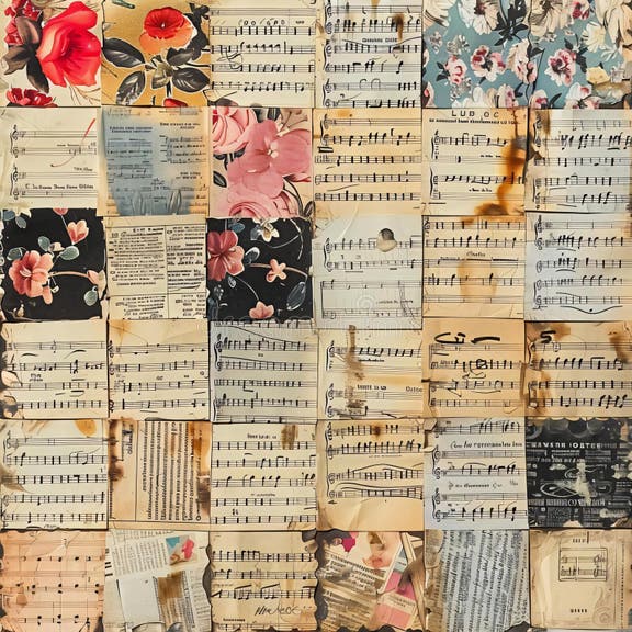 Collage Music Sheets Dictionary Pages Patterned Paper Arranged Gridlike ...