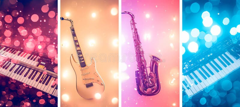Collage of Musical Instruments with White Vertical Lines and Bright ...
