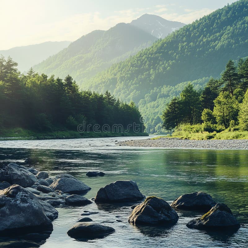 Collage of Nature and Landscape with Mountains, River, Sky and Sun ...