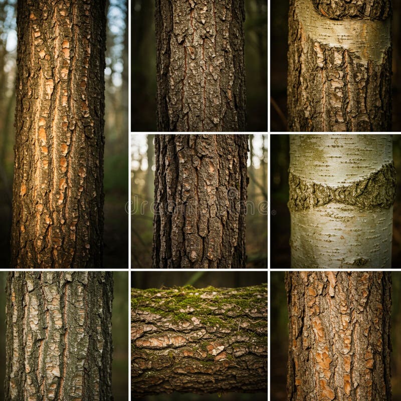 Collage of Nine Tree Bark Close-ups Showcasing Various Textures and ...