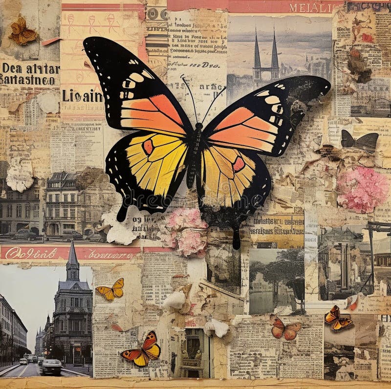 Collage of Old Newspapers with Old Photos and a Butterfly Stock ...