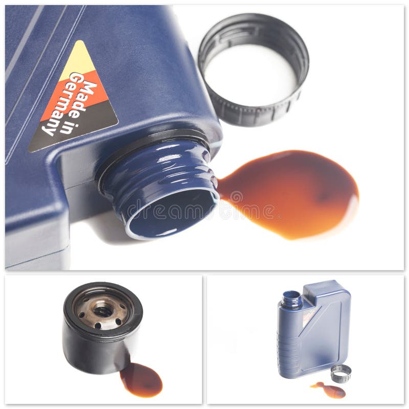 Open Engine Oil Bottle with a Puddle of Engine Oil Isolated on White ...