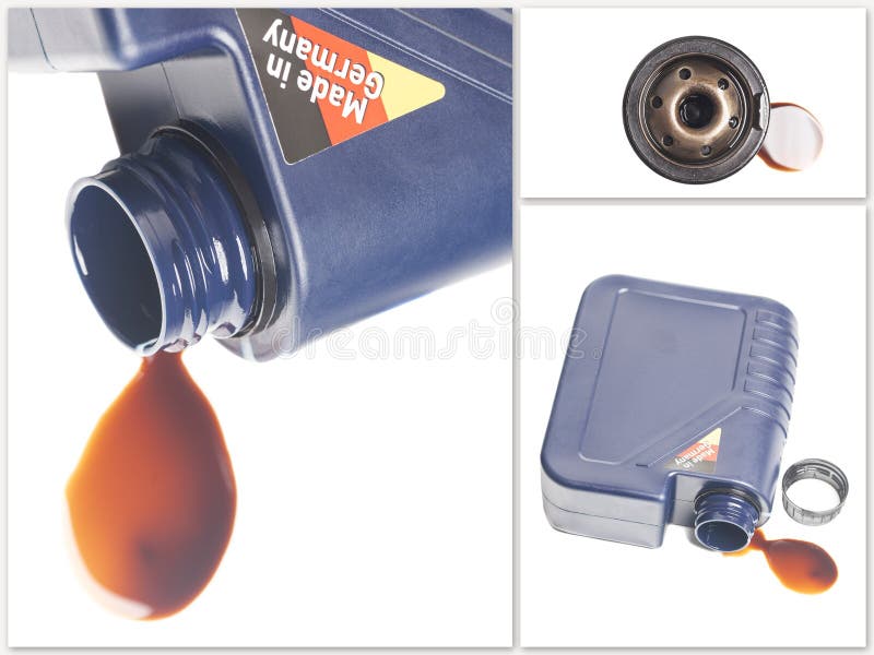 Collage with Open Engine Oil Bottle with a Puddle of Engine Oil ...