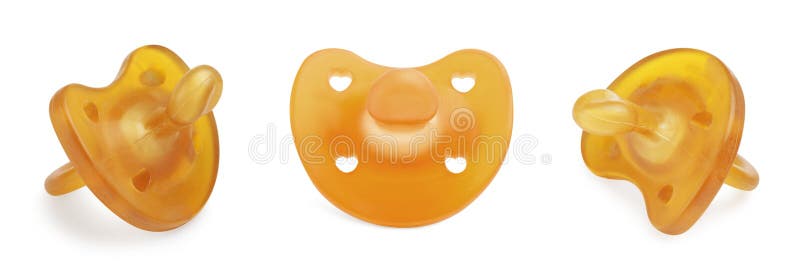 Collage of Orange Baby Pacifier on White Background, Views from ...