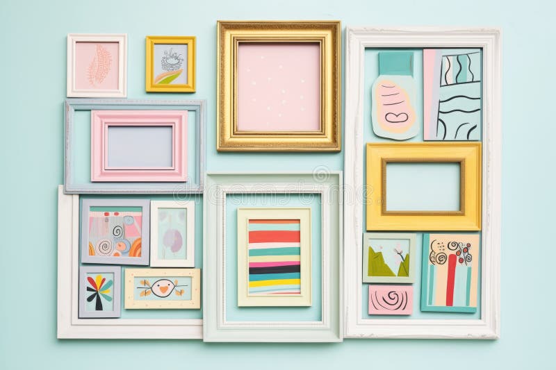 A Collage of Painted Photo Frames on a Pastel Wall Stock Photo - Image ...