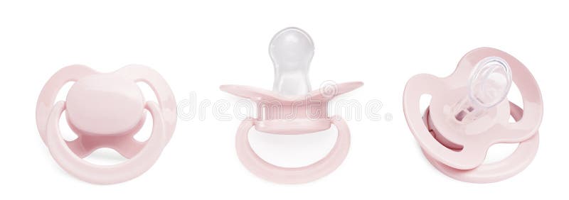 Collage of Pale Pink Baby Pacifier on White Background, Views from ...