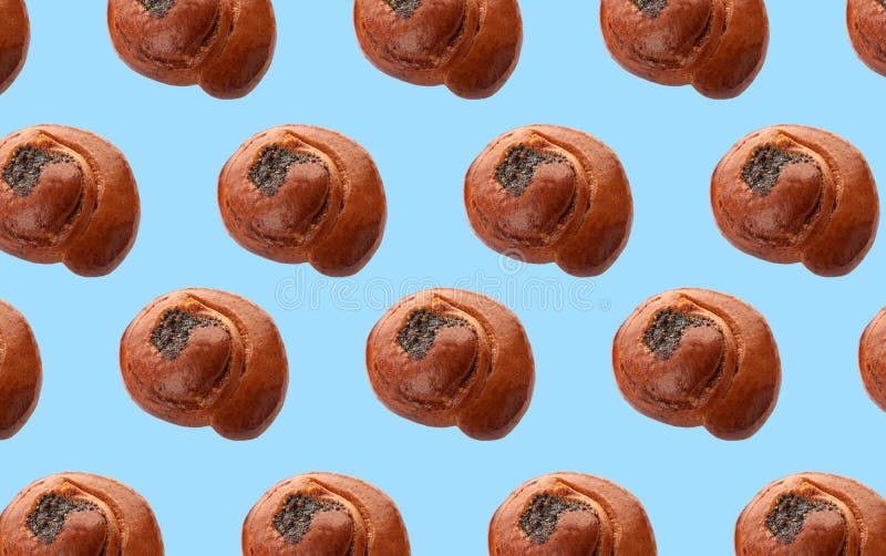 Collage of Pastry with Poppy Seeds on Blue Background. Pattern Design ...