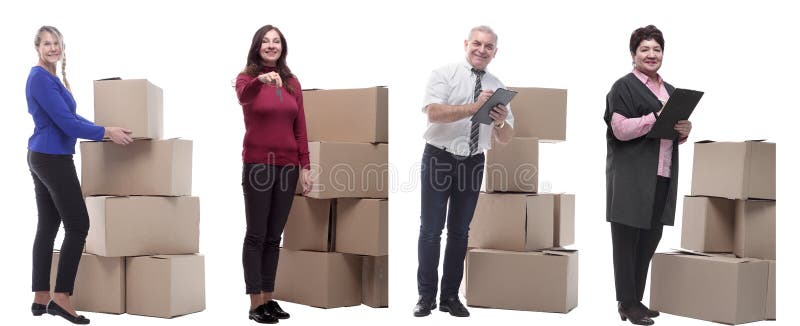 Collage of People Lifting Heavy Cardboard Box Isolated Stock Photo ...