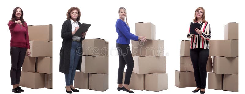 Collage of People Lifting Heavy Cardboard Box Isolated Stock Image ...