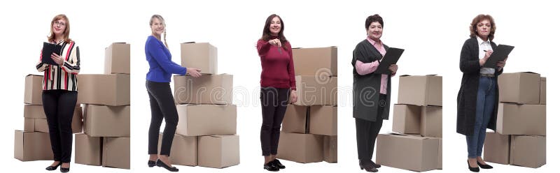 Collage of People Lifting Heavy Cardboard Box Isolated Stock Image ...