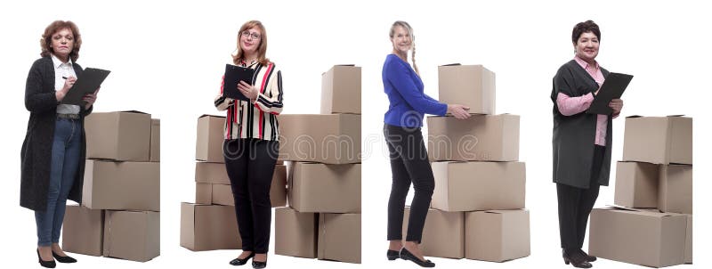 Collage of People Lifting Heavy Cardboard Box Isolated Stock Photo ...