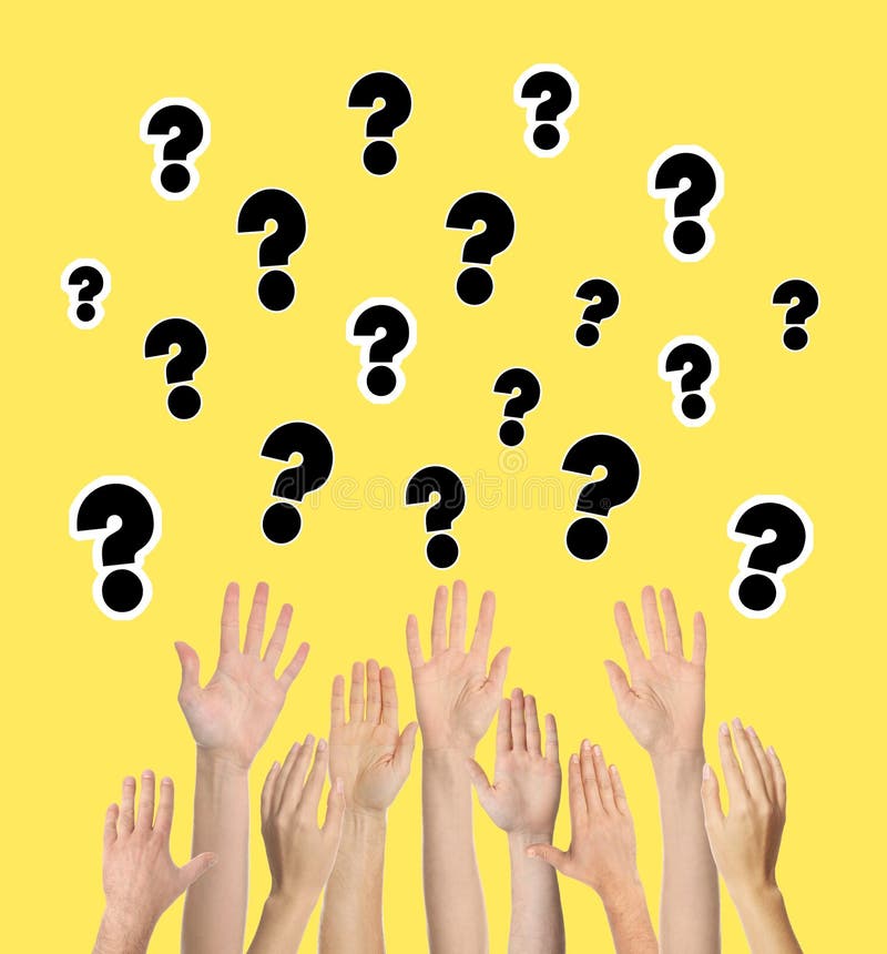 Collage of People Raising Hands and Question Marks on Background ...
