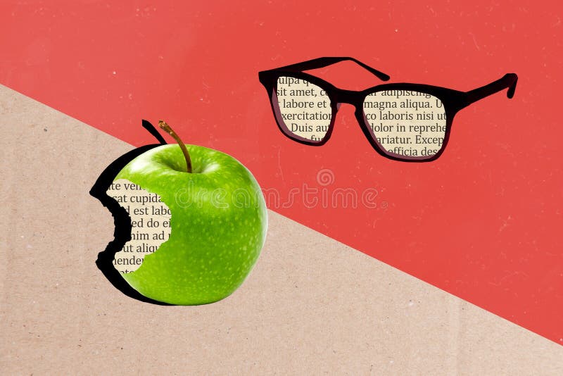 Collage Photo of Abstract Objects Apple Eyewear Glasses Information ...