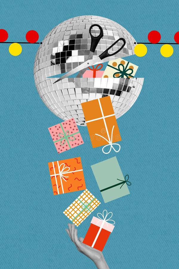 Collage Photo Card of Desirable Stack Falling Down Giftboxes from Big ...