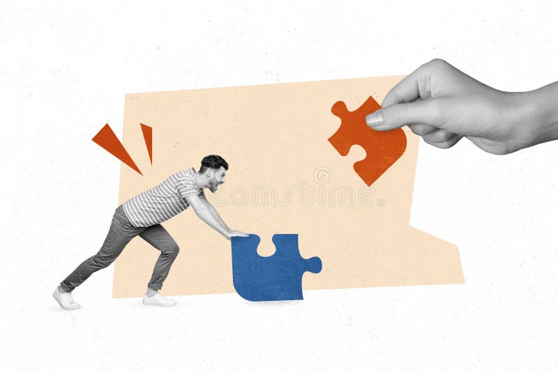 Collage Photo of Funny Active Hard Pushing Guy Puzzle Decision Solve ...